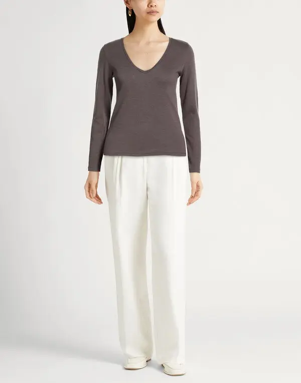 Majestic Filatures Taupe Organic Cotton And Cashmere V-neck Long Sleeve T-shirt