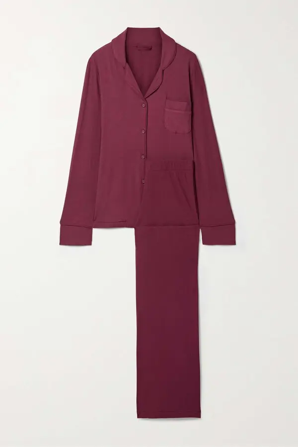 SKIMS Burgundy Ribbed Stretch-modal Jersey Lounge Set Wine