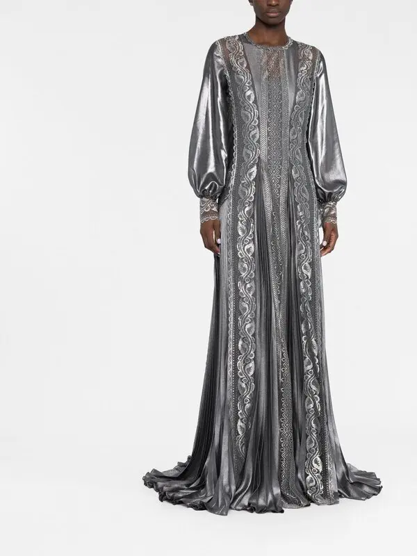 Alberta Ferretti Metallic Jacquard Lace Cuff Gown