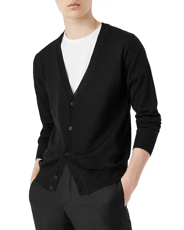 Emporio Armani Solid Wool Slim Fit V Neck Cardigan - Black