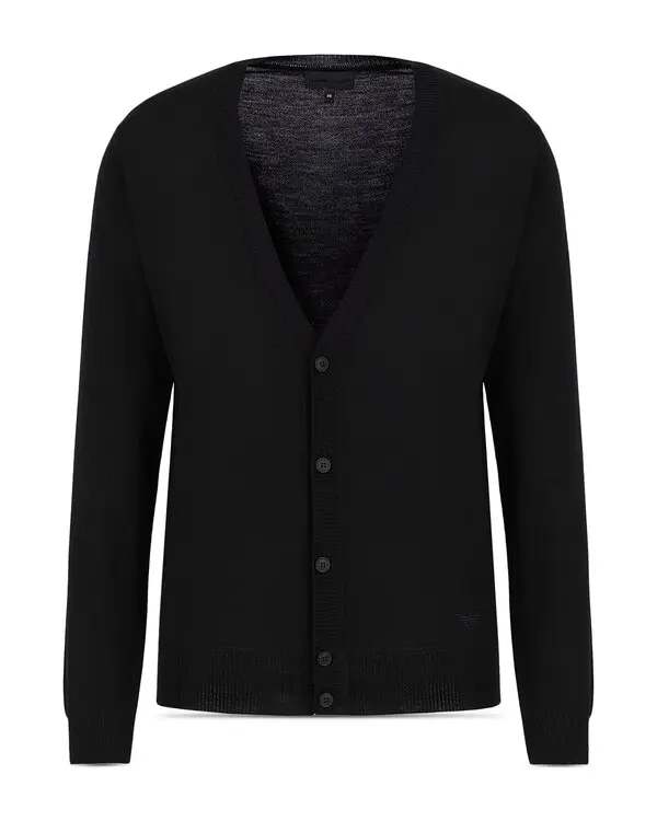 Emporio Armani Solid Wool Slim Fit V Neck Cardigan - Black