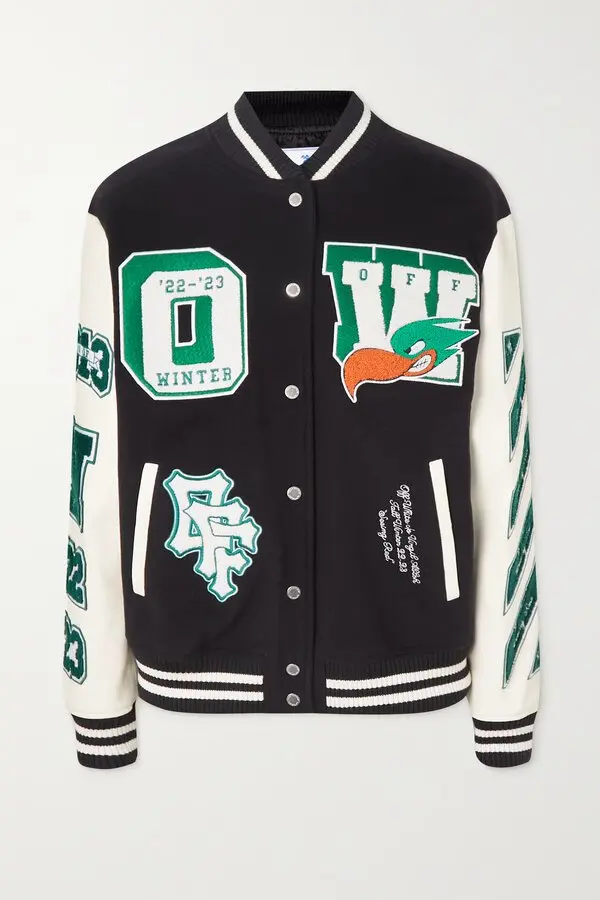 Off-White Appliquéd Padded Wool And Leather Jacket