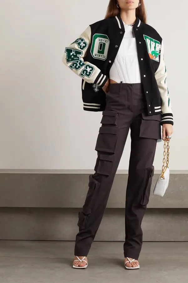 Off-White Appliquéd Padded Wool And Leather Jacket