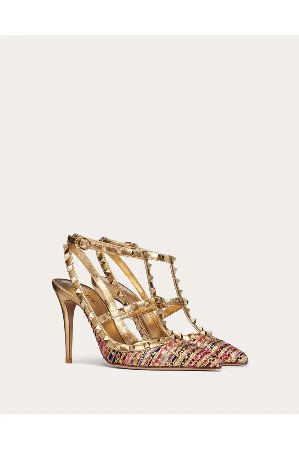 Valentino Garavani Rockstud Tweed Pump With Straps 100mm