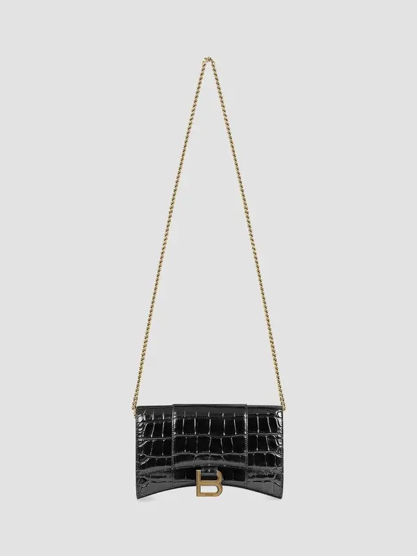 Balenciaga Hourglass Wallet With Chain Crocodile Embossed - Black