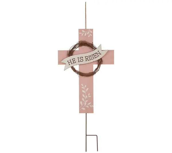 GLITZHOME He Is Risen Easter Cross Yard Stake O R Wall Hanging