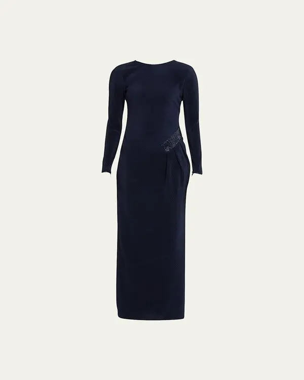 Giorgio Armani Jersey Sheath Dress With Beaded Hip Detail - Solid Blue Navy