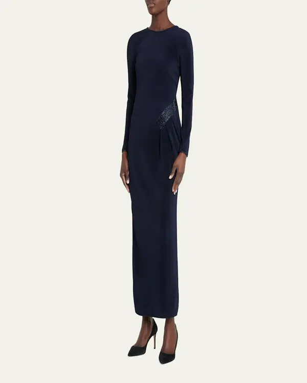Giorgio Armani Jersey Sheath Dress With Beaded Hip Detail - Solid Blue Navy