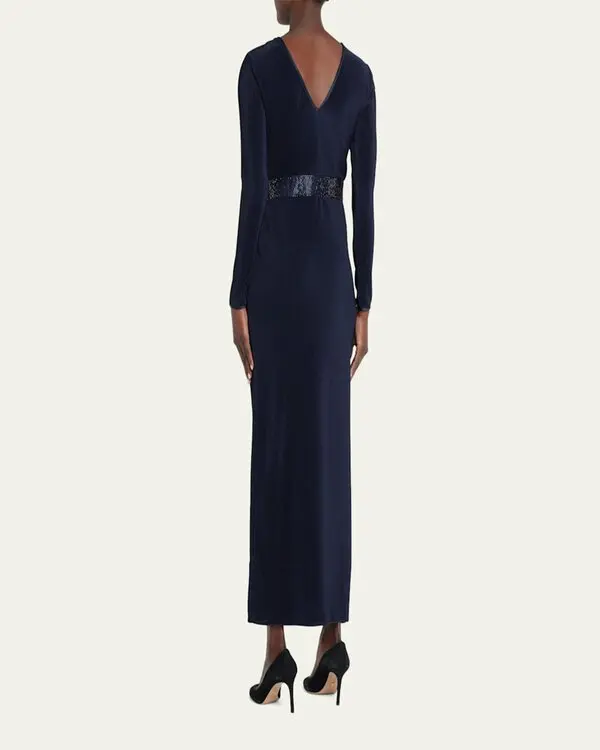 Giorgio Armani Jersey Sheath Dress With Beaded Hip Detail - Solid Blue Navy