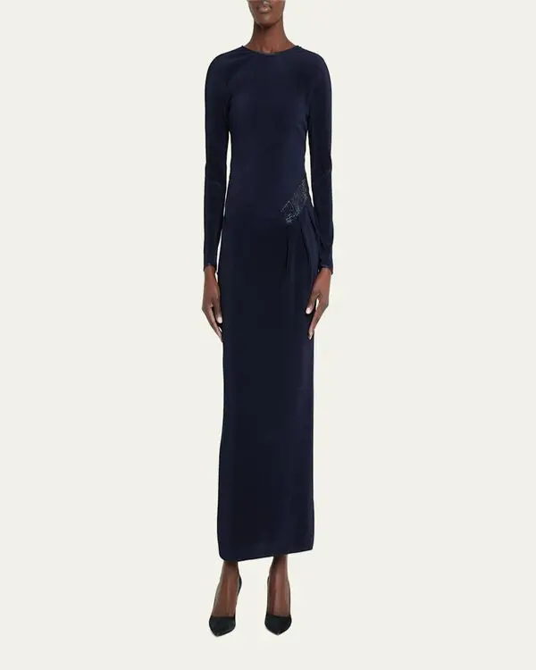 Giorgio Armani Jersey Sheath Dress With Beaded Hip Detail - Solid Blue Navy