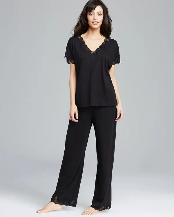 Natori Zen Floral Lace-trim Short Sleeve Pajama Set - Black