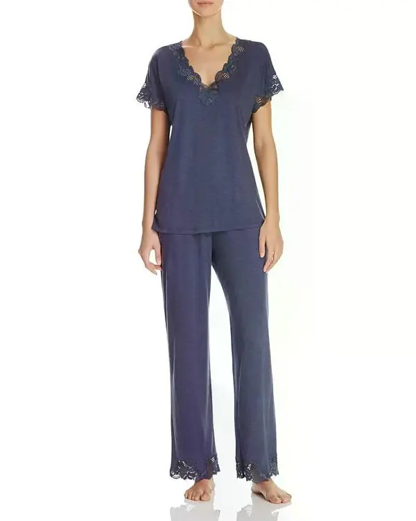 Natori Zen Floral Lace-trim Short Sleeve Pajama Set - Heather Navy Blue