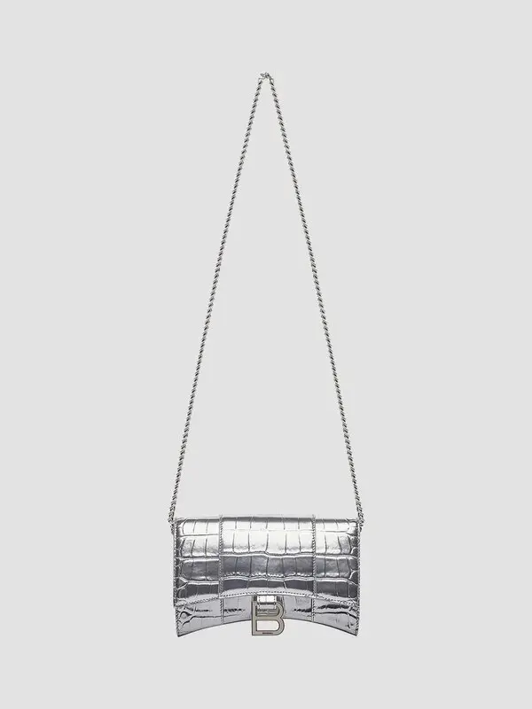 Balenciaga Metallic Hourglass Wallet On Chain - Silver