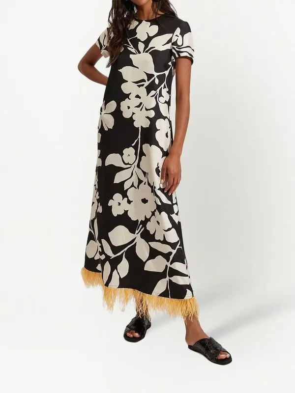 La DoubleJ Swing Feather-trim Maxi Dress