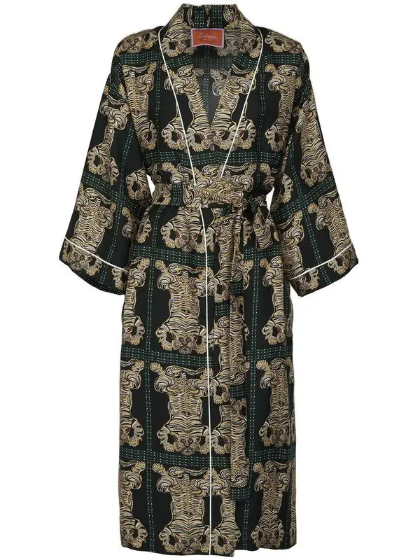 La DoubleJ Tiger-print Silk Robe - Black