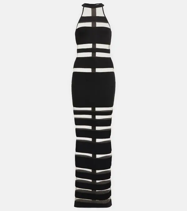 Balmain Halterneck Mesh-paneled Gown - Black