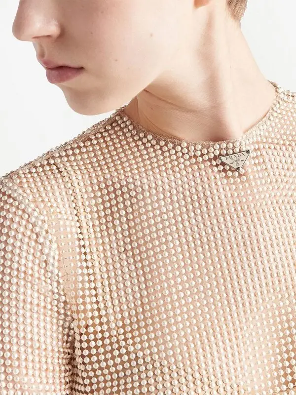 Prada Pearl-embellished Mesh Top - Neutrals
