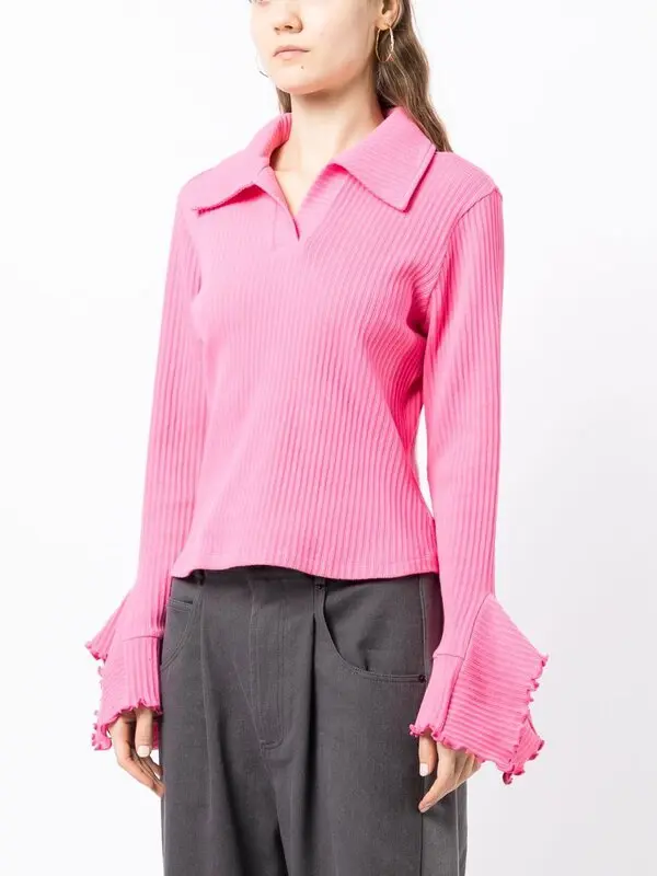 Goen.j Ribbed Ruffle-trim Polo Top