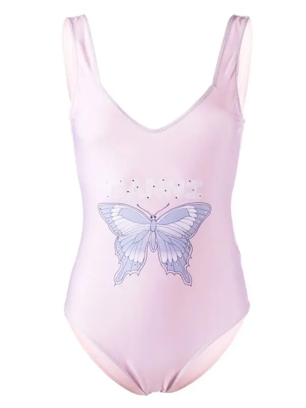 GANNI Butterfly Logo-print Swimsuit - Pink