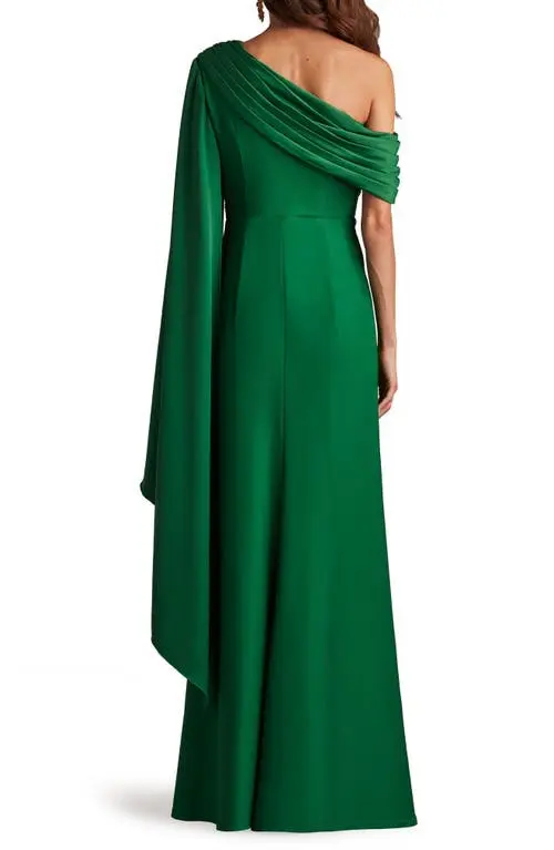 Tadashi Shoji Pleated One-Shoulder Cape Gown Bamboo Editorialist