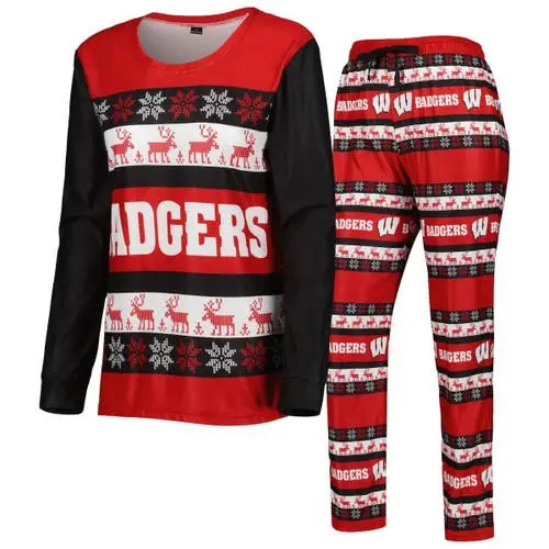 FOCO Wisconsin Badgers Ugly Long Sleeve T-shirt & Pajama Pants Sleep Set - Red