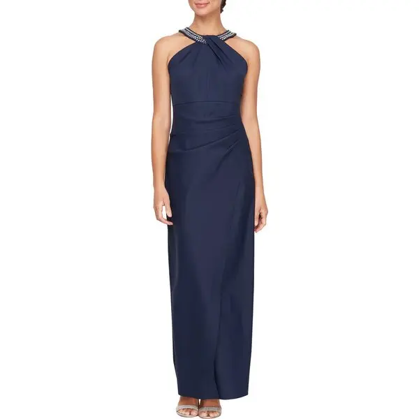 Alex Evenings Halter Neck Column Gown - Navy