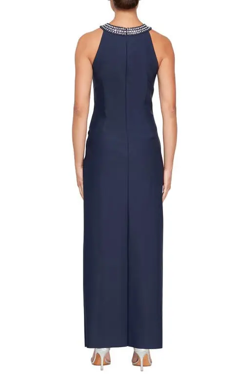 Alex Evenings Halter Neck Column Gown - Navy