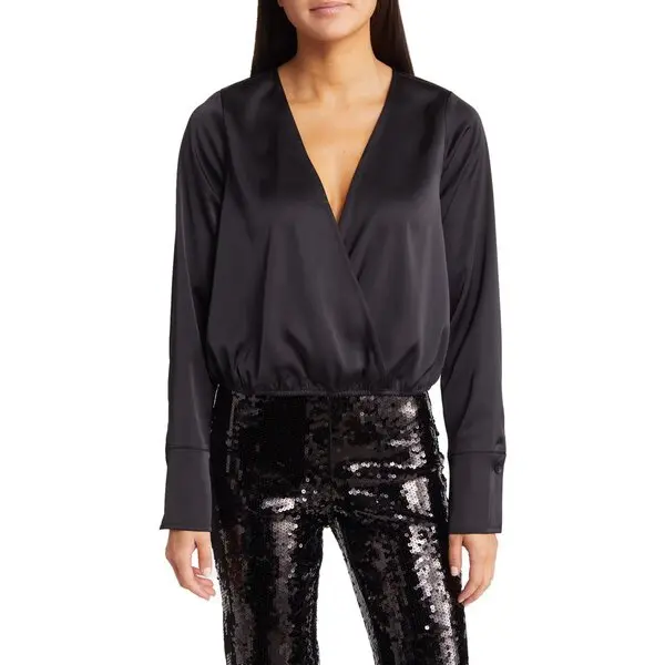 Good American Long Sleeve Stretch Satin Faux Wrap Top - Black001
