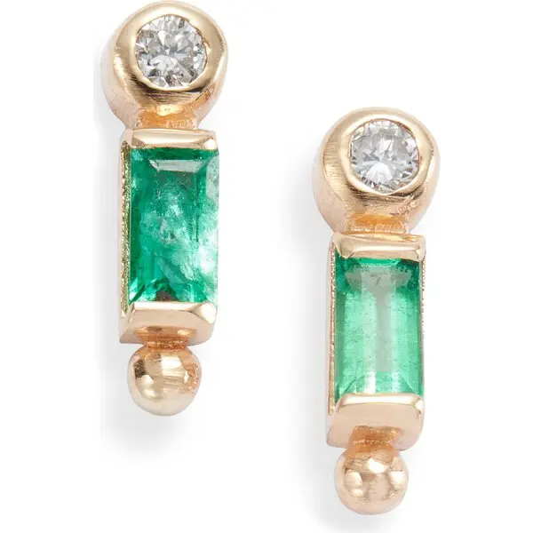 Anzie Cléo Emerald Baguette & Diamond Stud Earrings - Green