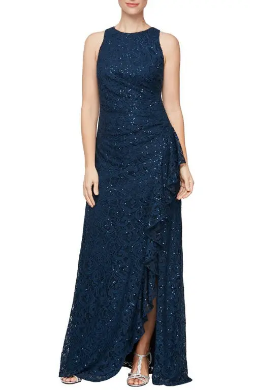 Alex Evenings Sequin Ruched Ruffle A-line Gown - Navy