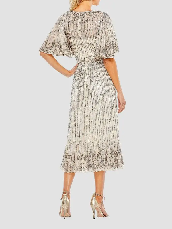 Mac Duggal Flounce Sleeve Midi-dress - Silver