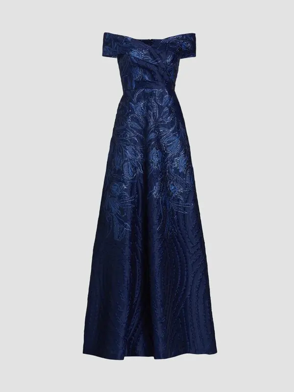 Rickie Freeman For Teri Jon Metallic Floral Off-the-shoulder Gown - Navy