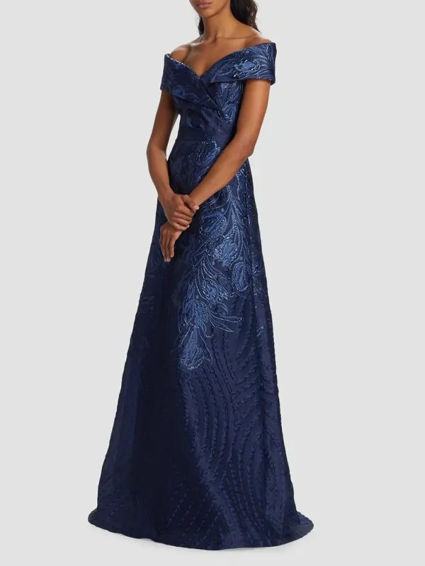 Rickie Freeman For Teri Jon Metallic Floral Off-the-shoulder Gown