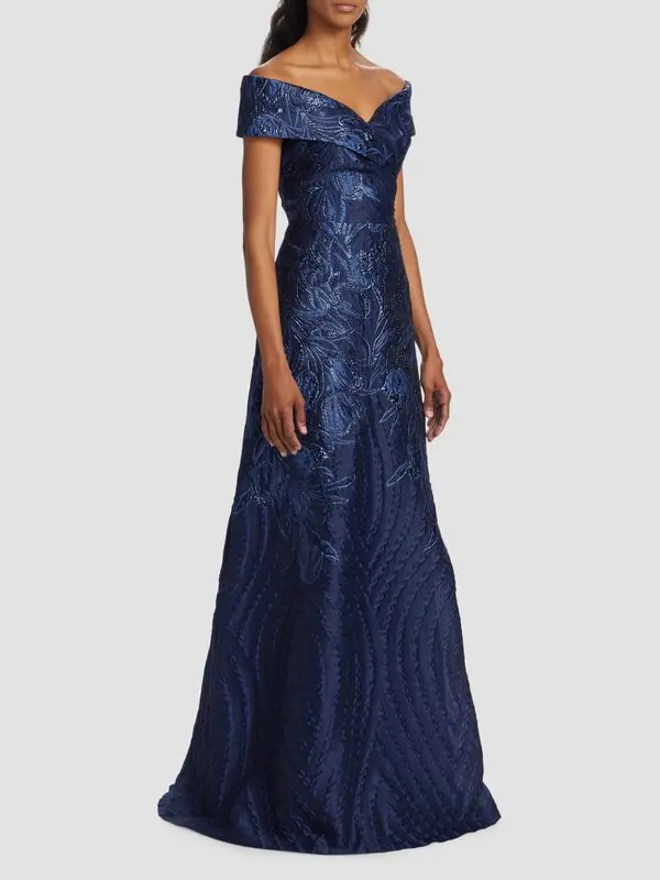 Rickie Freeman For Teri Jon Metallic Floral Off-the-shoulder Gown