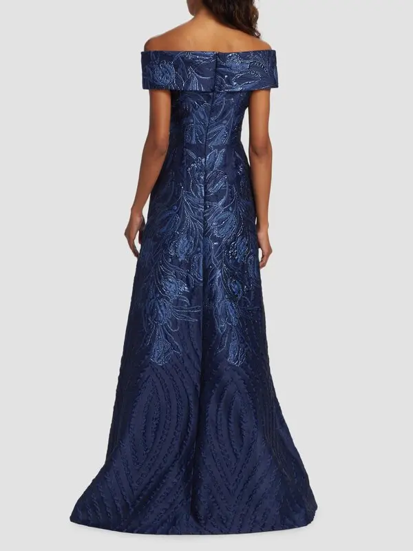 Rickie Freeman For Teri Jon Metallic Floral Off-the-shoulder Gown