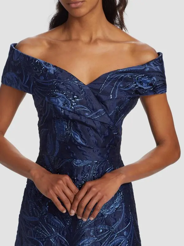 Rickie Freeman For Teri Jon Metallic Floral Off-the-shoulder Gown