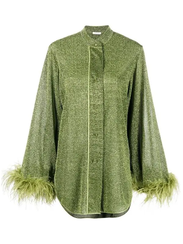 Oseree Feather-trim Metallic Shirt - Green