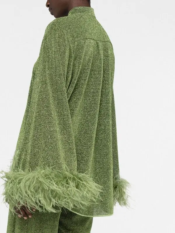 Oseree Feather-trim Metallic Shirt - Green