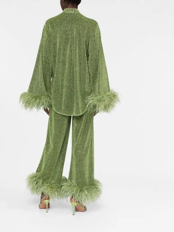 Oseree Feather-trim Metallic Shirt - Green