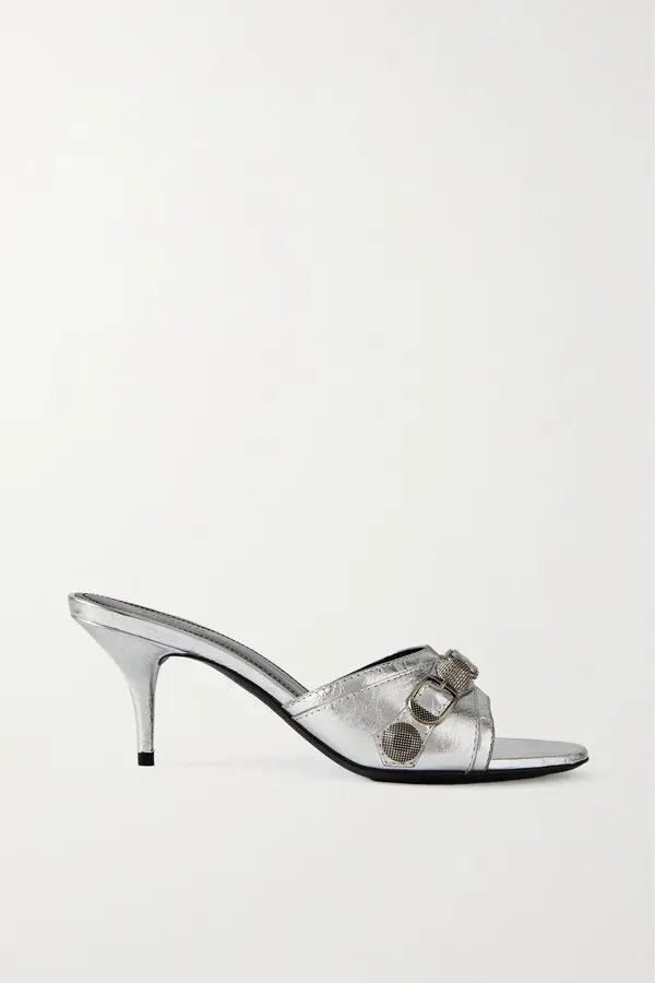 Balenciaga Cagole Metallic Leather Mules - Silver