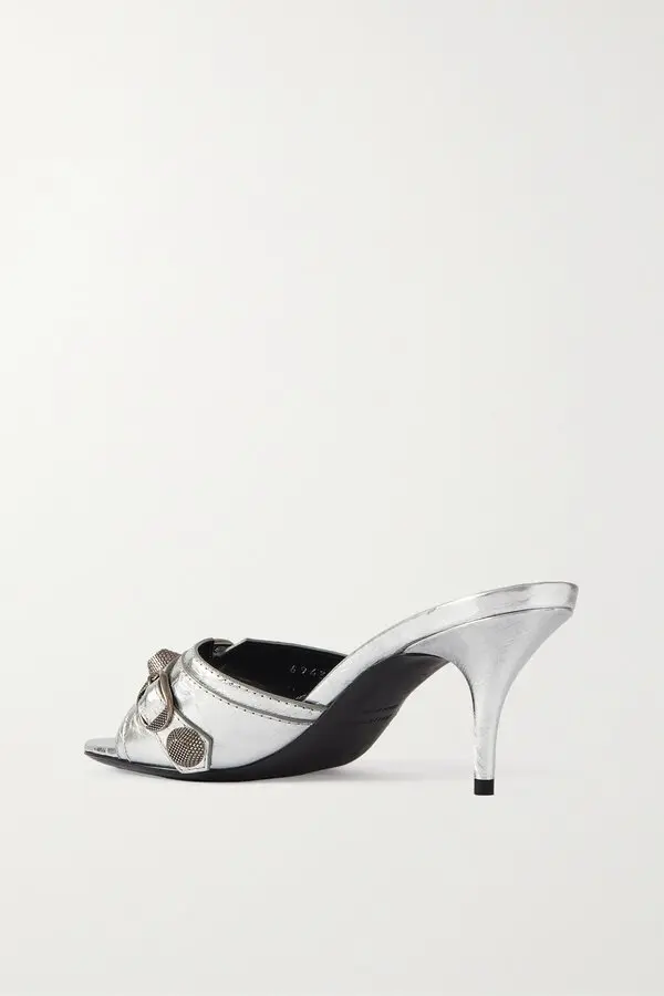 Balenciaga Cagole Metallic Leather Mules - Silver