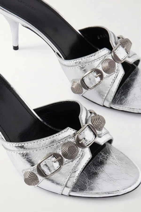 Balenciaga Cagole Metallic Leather Mules - Silver