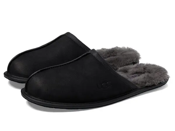 UGG Scuff Leather Slippers With Sheepskin Lining - Black