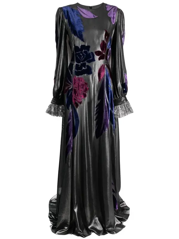 Alberta Ferretti Floral Appliqué Lace Cuff Gown