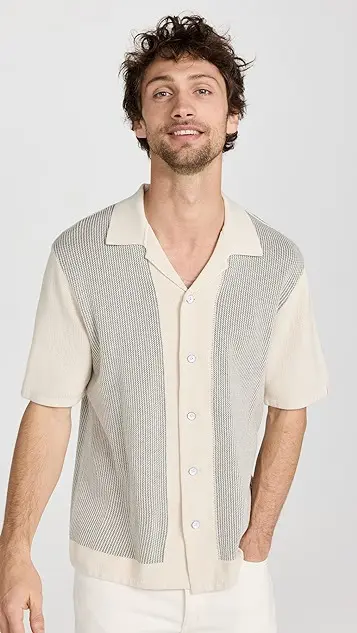Rag & Bone Harvey Knit Camp Shirt - Ivory/black