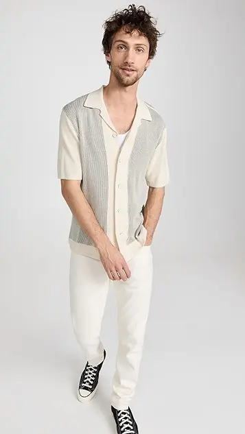 Rag & Bone Harvey Knit Camp Shirt - Ivory/black