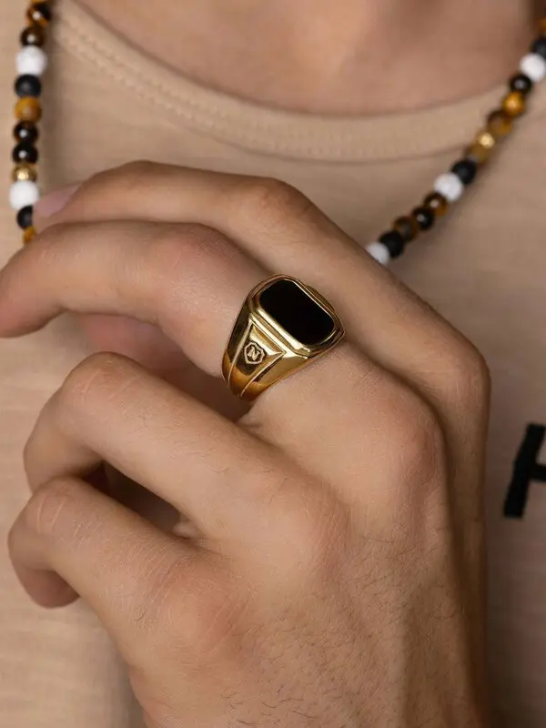NIALAYA JEWELRY Plated Signet Ring With Onyx