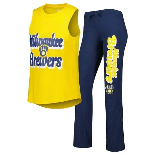 CONCEPTS SPORT Gold Milwaukee Brewers Wordmark Meter Muscle Tank Top & Pants Sleep Set - Navy