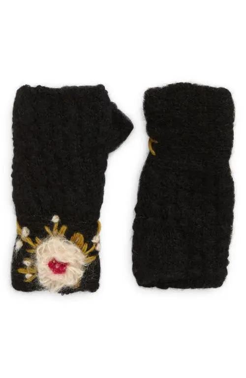 FRENCH KNOT Mae Embroidered Fingerless Mohair & Wool Gloves - Black