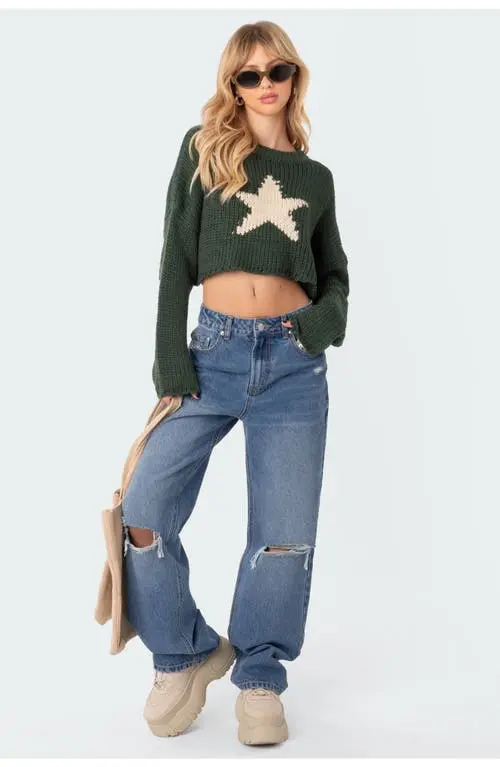 EDIKTED Mega Star Intarsia Crop Sweater - Green